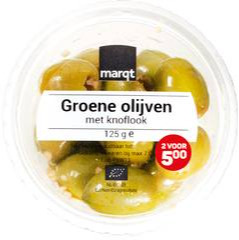 Groene olijven met knoflook Marqt BIO - Biowinkel Hart voor aarde NL-BIO-01